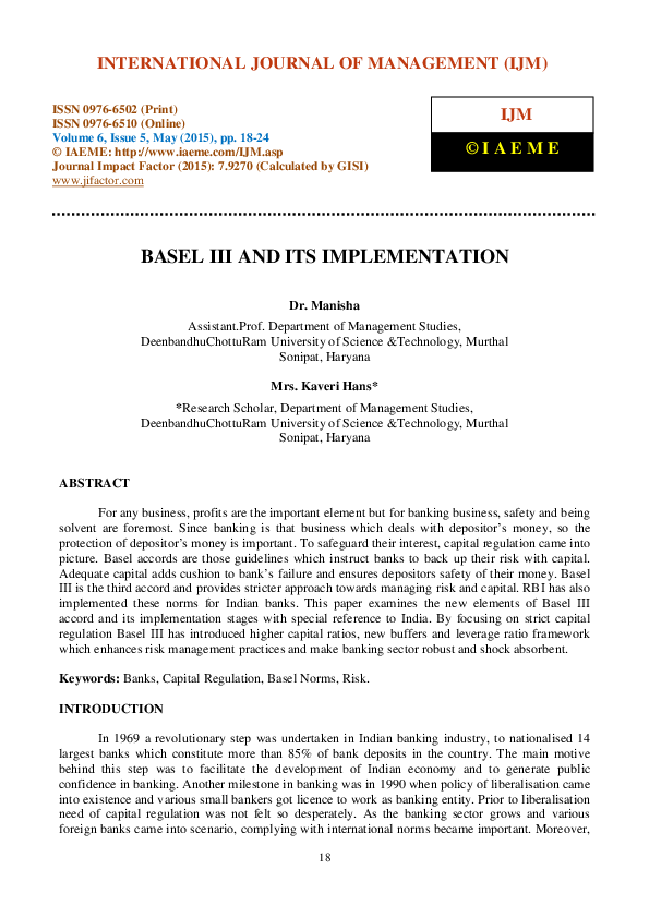 (PDF) BASEL III AND ITS IMPLEMENTATION