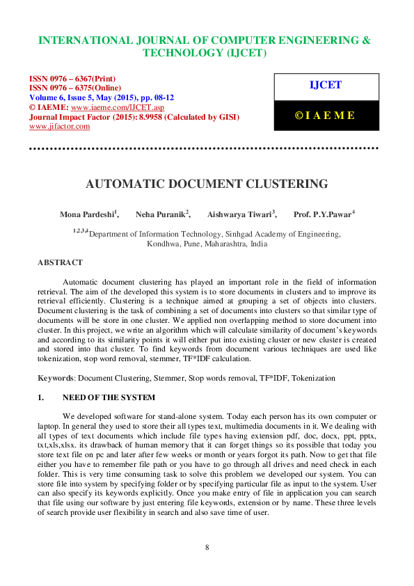 (PDF) AUTOMATIC DOCUMENT CLUSTERING