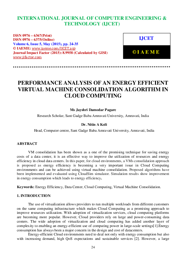 Pdf Performance Analysis Of An Energy Efficient Virtual Machine Consolidation Algorithm In