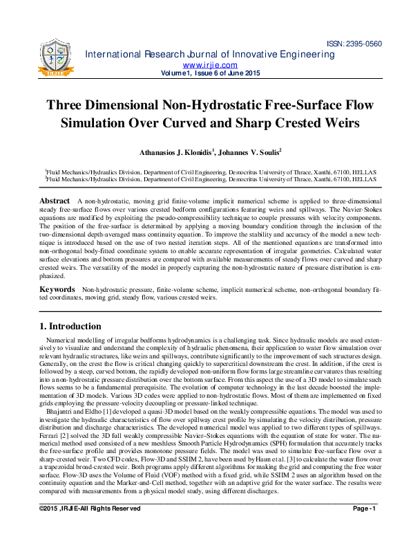 Pdf Three Dimensional Non Hydrostatic Free Surface Flow Simulation Over Curved And Sharp