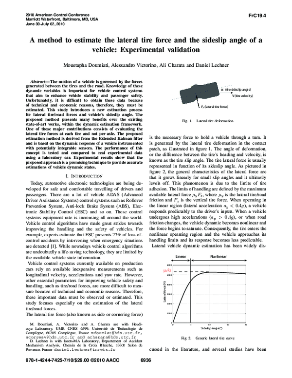 (PDF) A Method to Estimate the Lateral Tire Force and the Sideslip ...