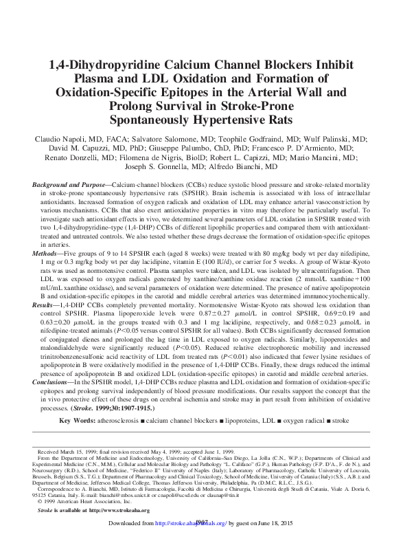 (PDF) 1,4-Dihydropyridine Calcium Channel Blockers Inhibit Plasma and ...