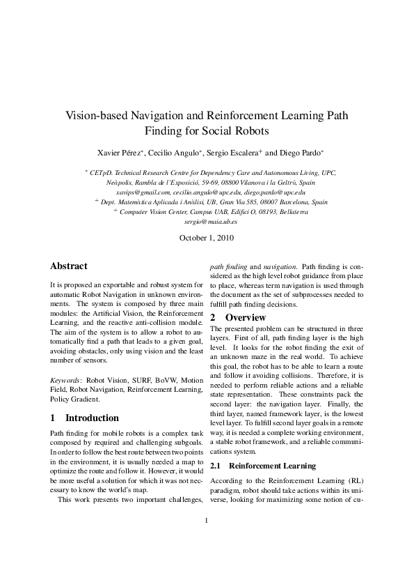 Pdf Vision Based Navigation And Reinforcement Learning Path Finding For Social Robots