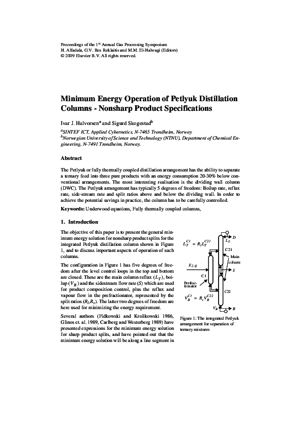 (PDF) Minimum Energy Operation of Petlyuk Distillation Columns ...