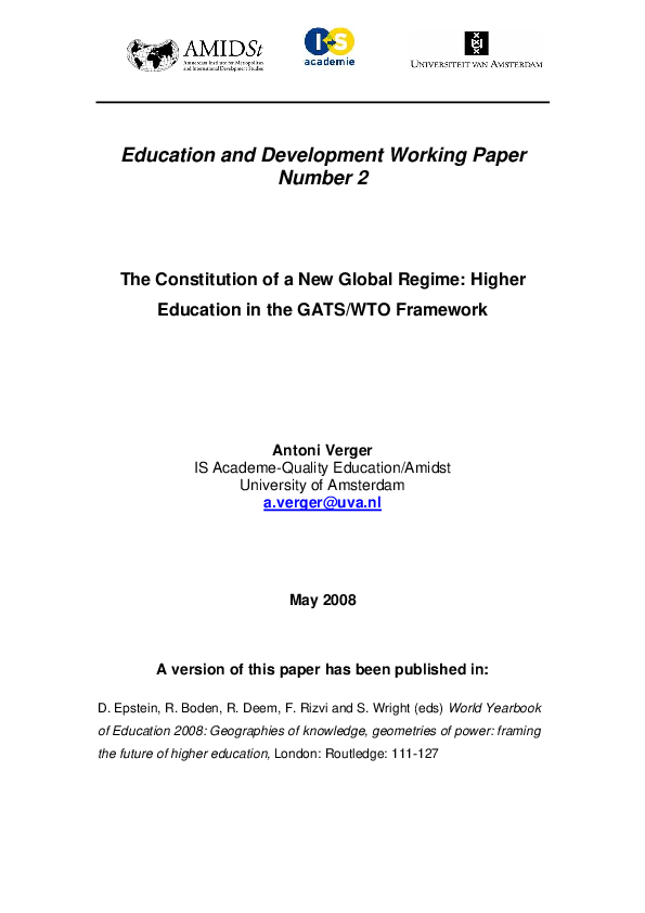 (PDF) The constitution of a new global regime: Higher Education in the ...