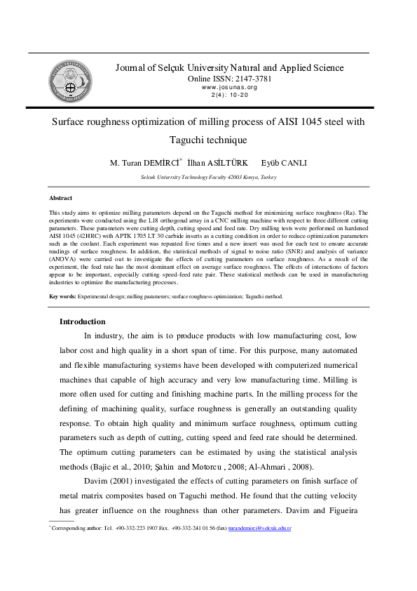 Surface Roughness Optimization Of Milling Process Of Aisi 1045 Steel With Taguchi Technique