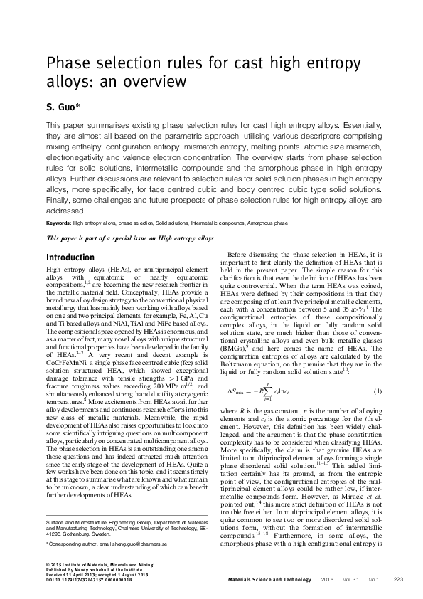 (PDF) Phase selection rules for cast high entropy alloys: an overview