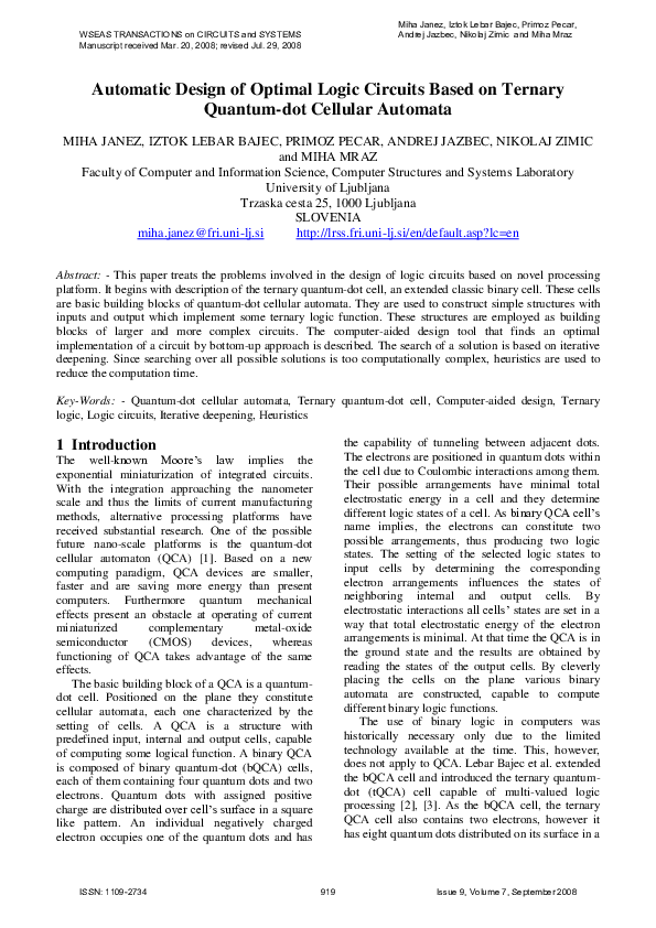 Pdf Automatic Design Of Optimal Logic Circuits Based On Ternary Quantum Dot Cellular Automata