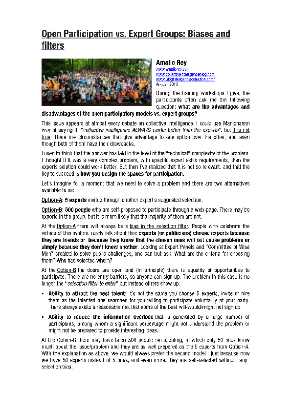 (PDF) Open Participation vs. Expert Groups: Biases and filters