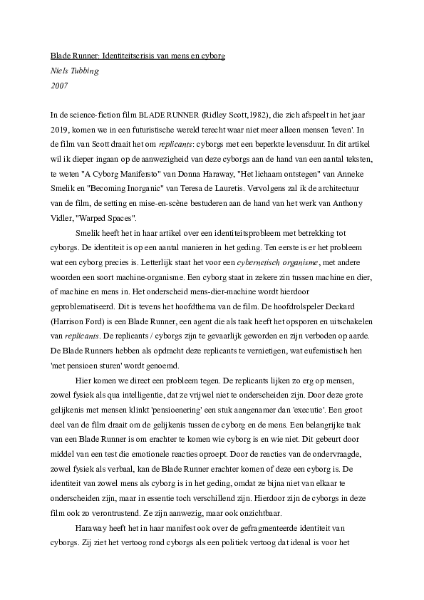 (DOC) Blade Runner -Identiteitscrisis van mens en cyborg