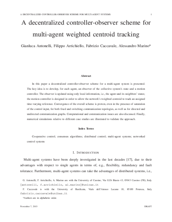 Pdf A Decentralized Controller Observer Scheme For Multi Agent