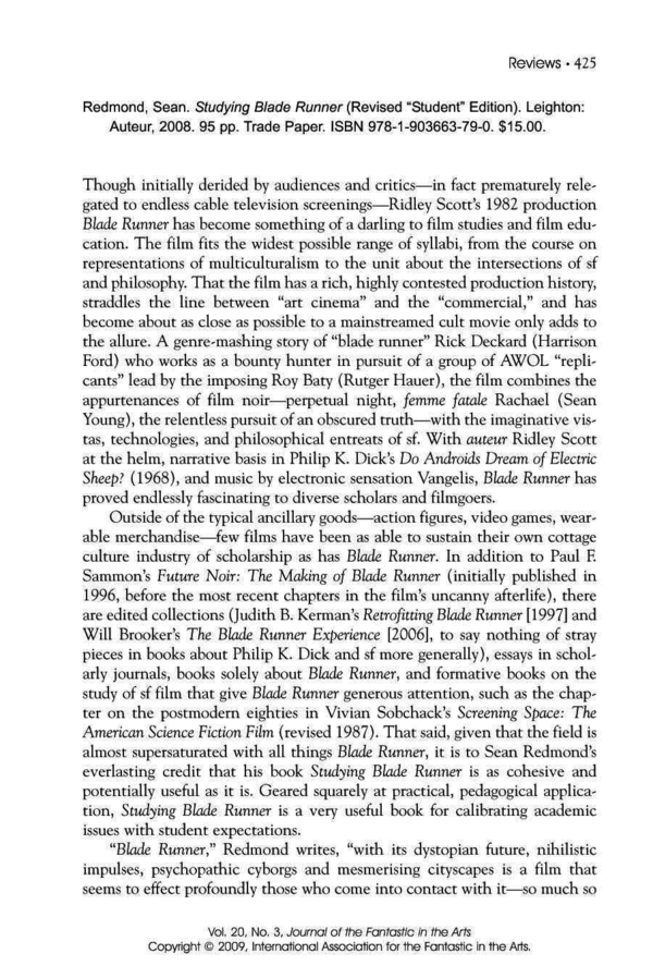 (PDF) Review of STUDYING BLADE RUNNER by Sean Redmond