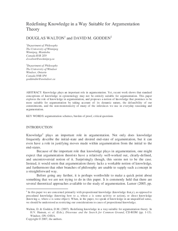 (PDF) Redefining Knowledge in a Way Suitable for Argumentation Theory