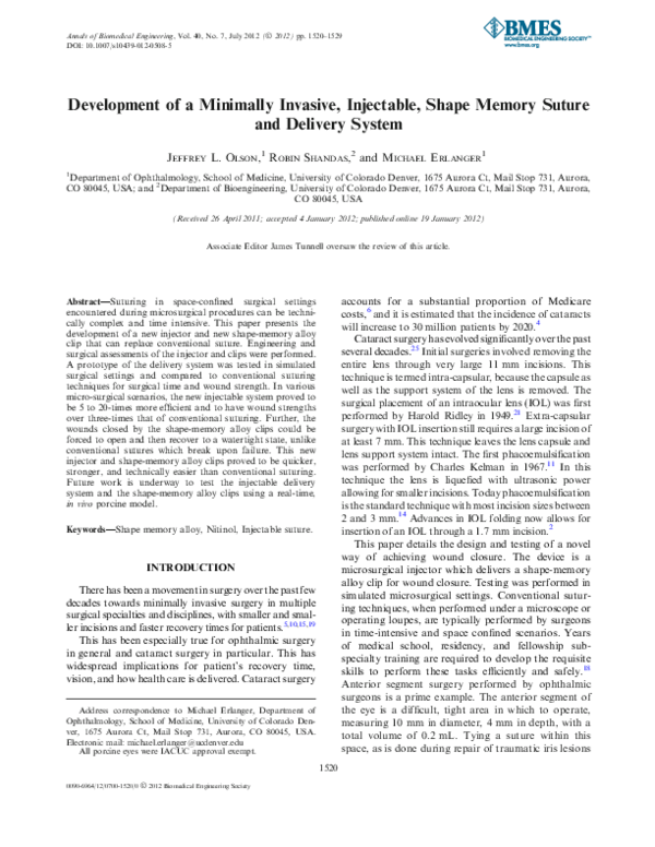 (PDF) Development of a Minimally Invasive, Injectable, Shape Memory ...