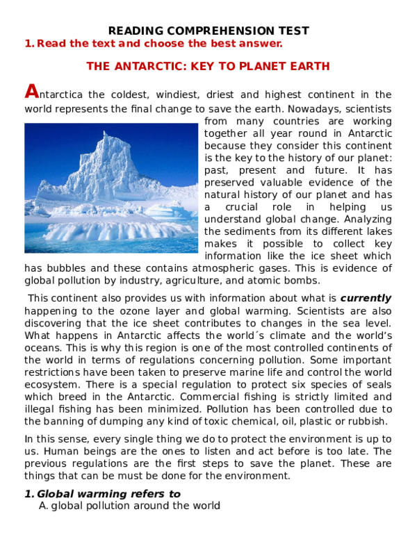 (DOC) READING COMPREHENSION TEST THE ANTARCTIC: KEY TO PLANET EARTH