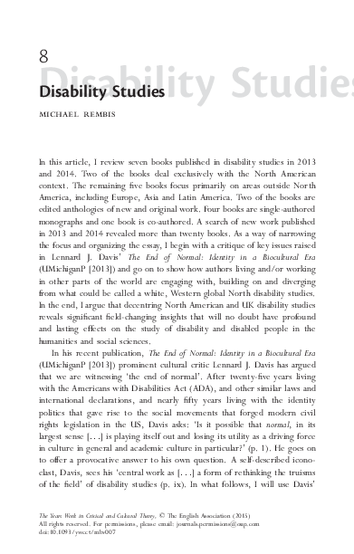 (PDF) “Disability Studies,” The Year's Work in Critical and Cultural ...