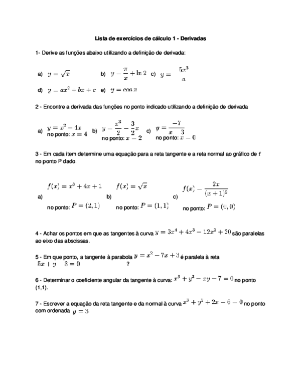 (PDF) Lista de exercícios de cálculo 1 -Derivadas