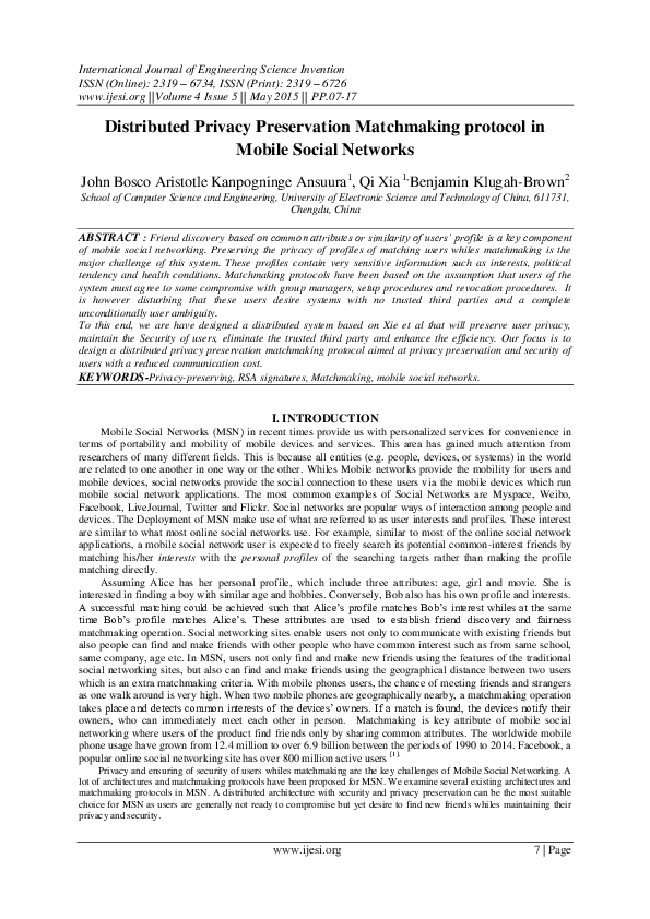 Pdf Distributed Privacy Preservation Matchmaking Protocol In Mobile Social Networks