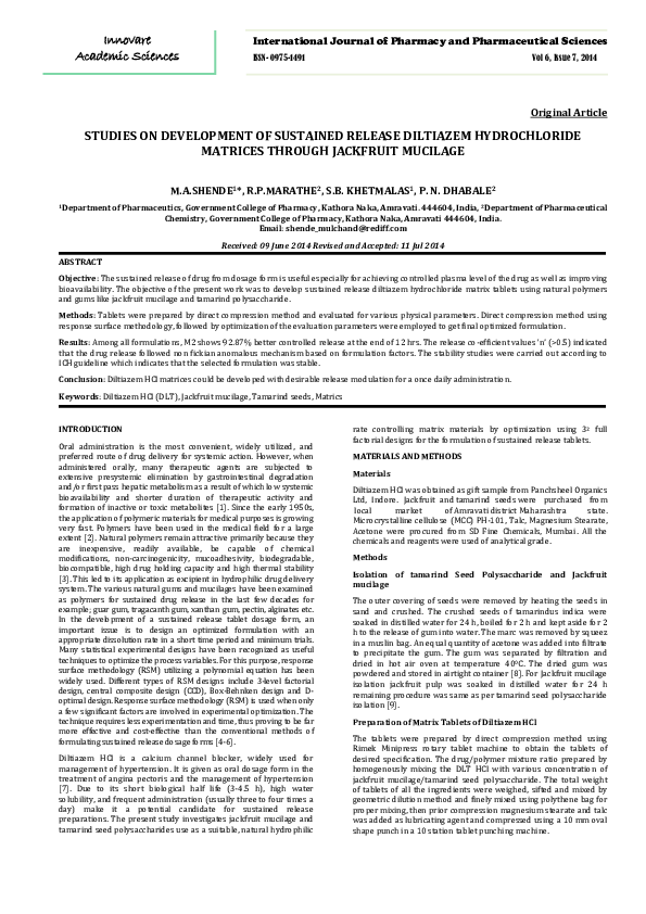 (PDF) STUDIES ON DEVELOPMENT OF SUSTAINED RELEASE DILTIAZEM ...