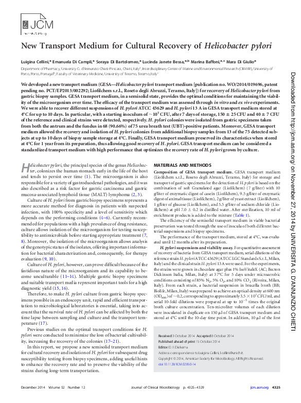 (PDF) New Transport Medium for Cultural Recovery of Helicobacter pylori