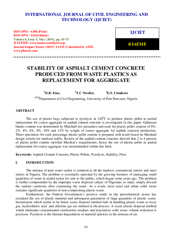 (PDF) STABILITY OF ASPHALT CEMENT CONCRETE PRODUCED FROM WASTE PLASTICS ...