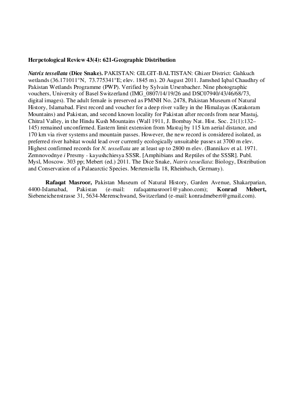 (PDF) Natrix tessellata (Dice Snake): Geographic distribution