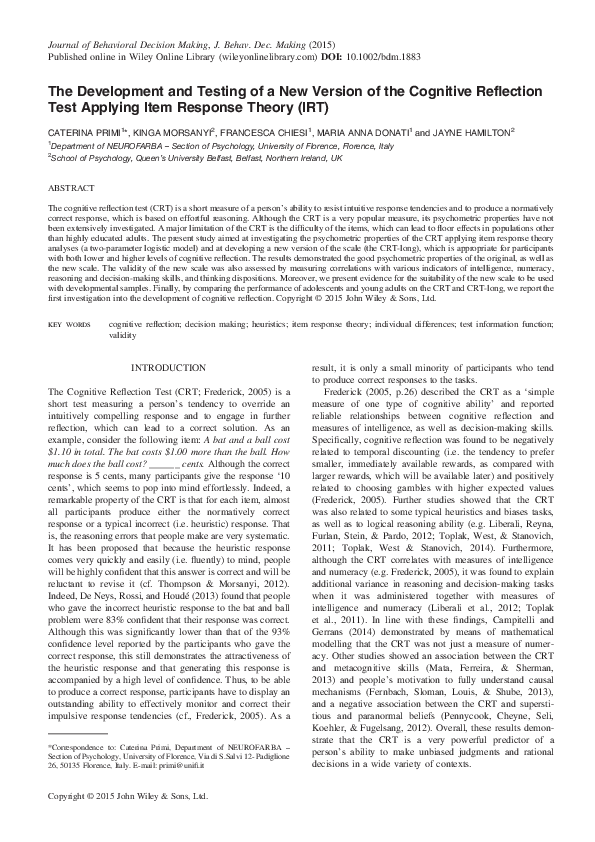 Pdf The Development And Testing Of A New Version Of The Cognitive Reflection Test Applying