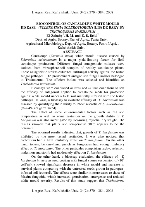 Pdf Biocontrol Of Cantaloupe White Mould Disease Sclerotinia Sclerotiorum Lib De Bary By