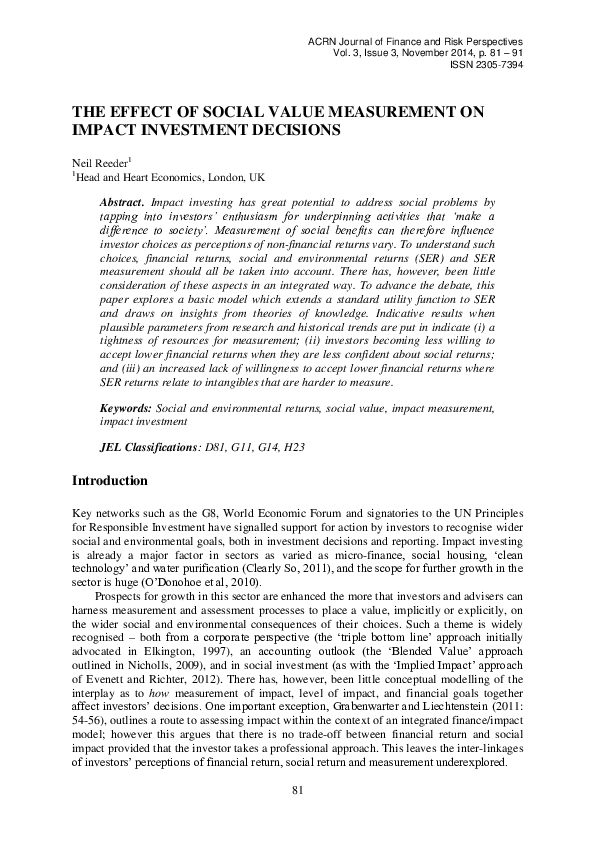 (PDF) The effect of social value measurement on impact investment ...