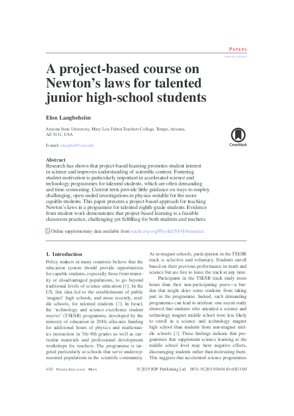 (PDF) A project-based course on Newton's laws for talented junior high ...