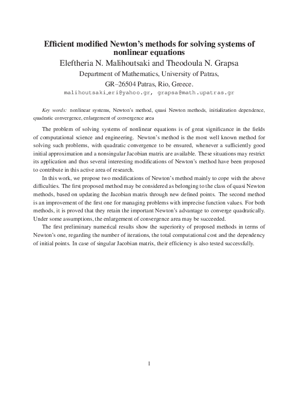 (PDF) Efficient modified Newton’s methods for solving systems of nonlinear equations