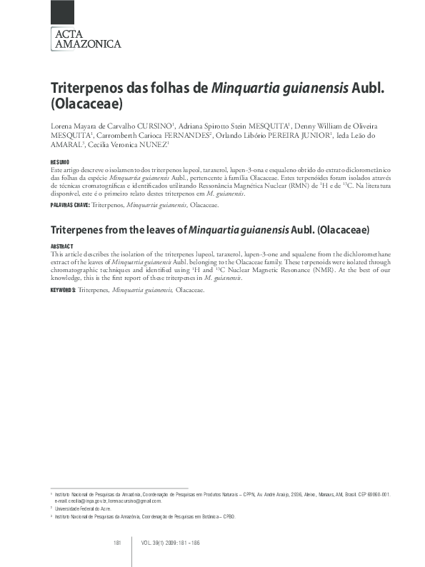 (PDF) Triterpenos das folhas de Minquartia guianensis Aubl. (Olacaceae)