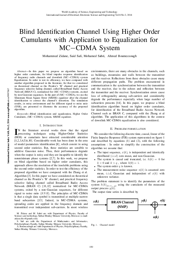 (PDF) Blind Identification Channel Using Higher Order Cumulants with Application to Equalization ...
