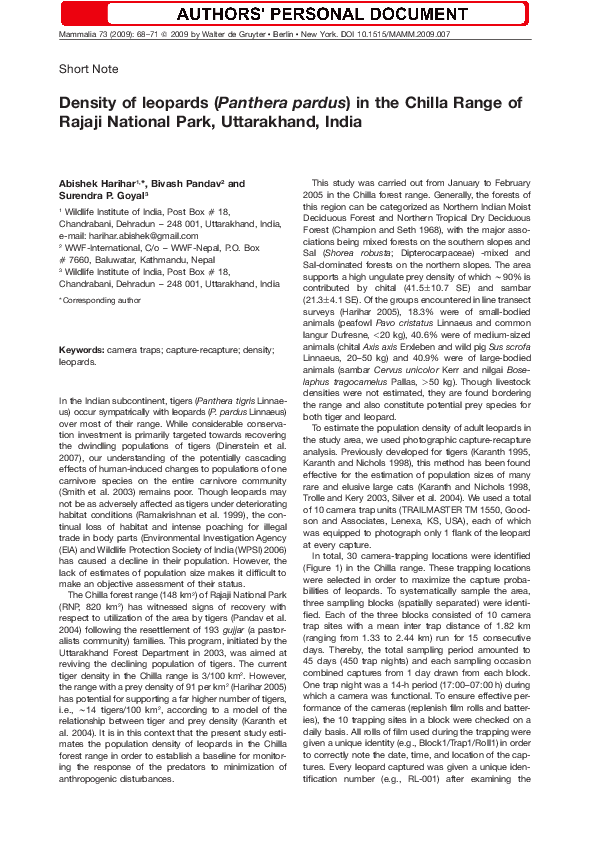 (PDF) Density of leopards (Panthera pardus) in the Chilla Range of Rajaji National Park ...