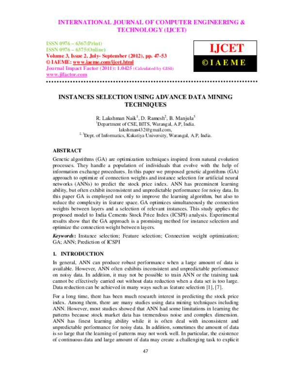 (PDF) INSTANCES SELECTION USING ADVANCE DATA MINING TECHNIQUES