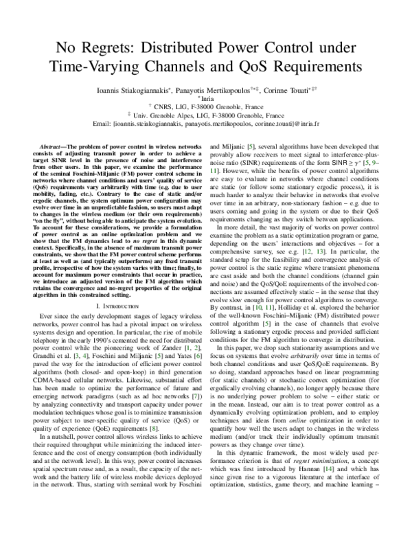 (PDF) No regrets: Distributed power control under time-varying channels and QoS requirements