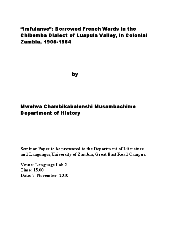 (DOC) “Imfulanse”: Borrowed French Words in the Chibemba Dialect of ...