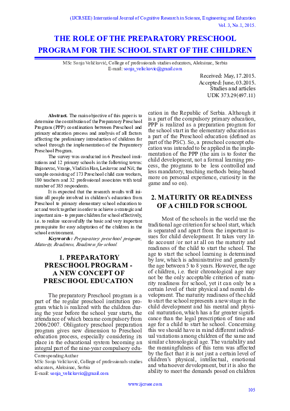 (PDF) THE ROLE OF THE PREPARATORY PRESCHOOL PROGRAM FOR THE SCHOOL ...
