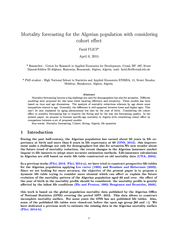 (PDF) Mortality forecasting for the Algerian population with considering cohort effect