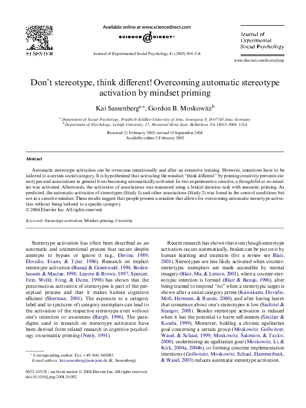 (PDF) Don't stereotype, think different! Overcoming automatic stereotype activation by mindset ...