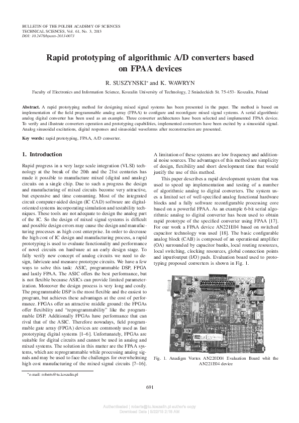 Rapid Prototyping Of Algorithmic Ad Converters Based On Fpaa Devices 