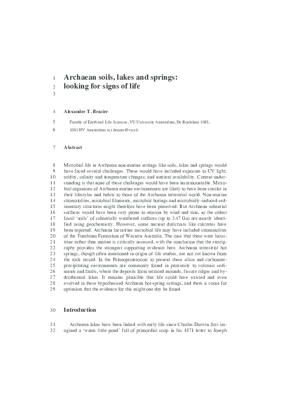(PDF) Archaean soils, lakes and springs: Looking for signs of life ...