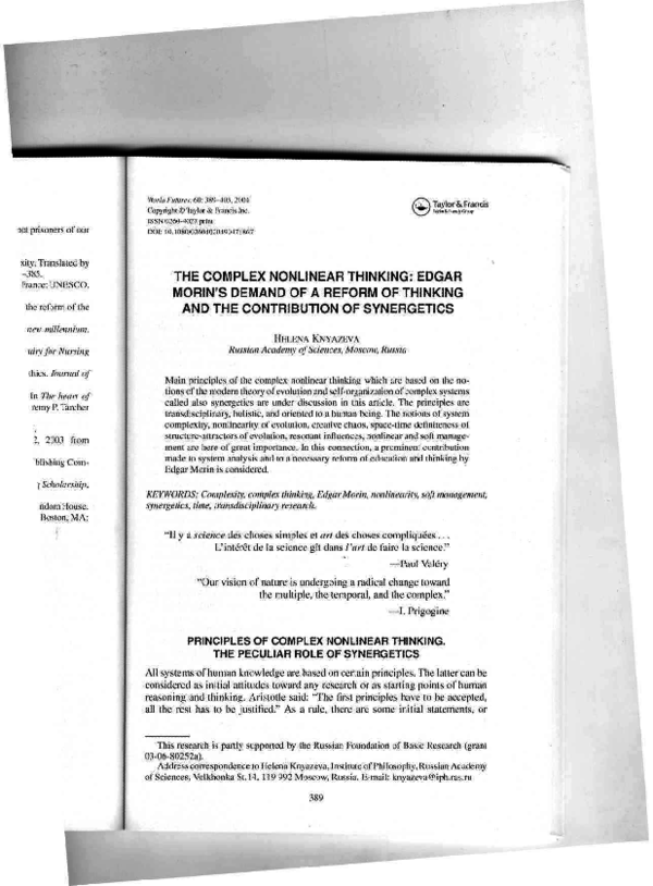 (PDF) The complex nonlinear thinking: Edgar Morin's demand of a reform ...