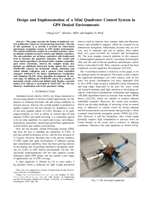 (PDF) Design and Implementation of a Mini Quadrotor Control System in GPS Denied Environments