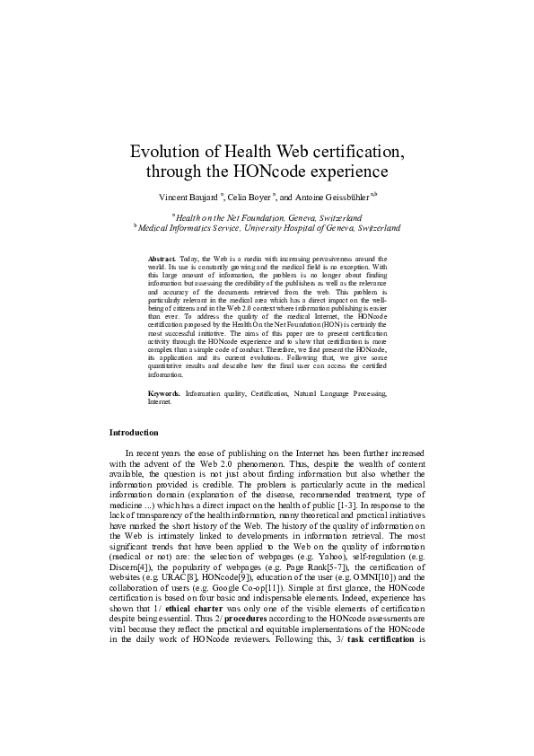 (PDF) Evolution of Health Web certification, through the HONcode experience