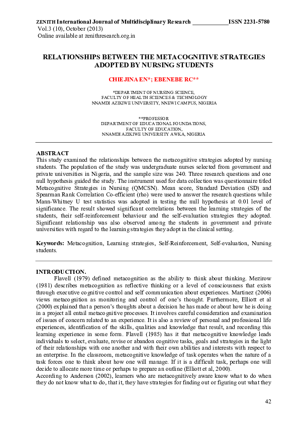 (PDF) RELATIONSHIPS BETWEEN THE METACOGNITIVE STRATEGIES ADOPTED BY NURSING STUDENTS