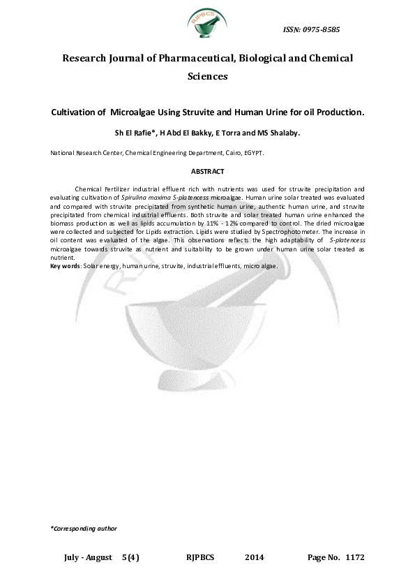 (PDF) Cultivation of Microalgae Using Struvite and Human Urine for oil Production.