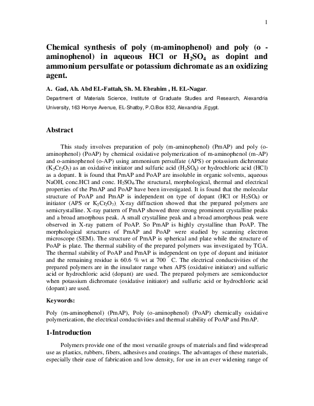 (PDF) Chemical synthesis of poly (m-aminophenol) and poly (o ...