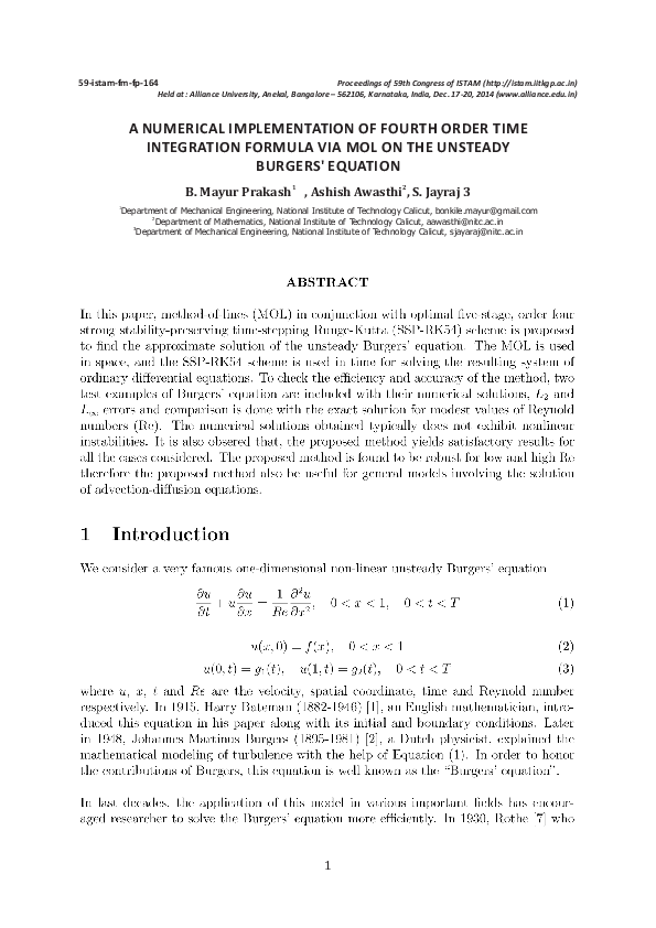Pdf A Numerical Implementation Of Fourth Order Time Integration Formula Via Mol On The