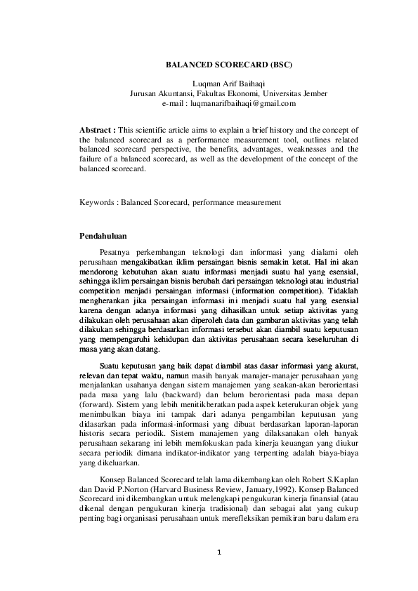 Pdf Balanced Scorecard Bsc